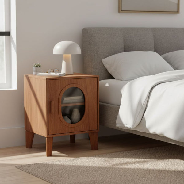 Indian Hub Solid Wood & Glass Bedside Table
